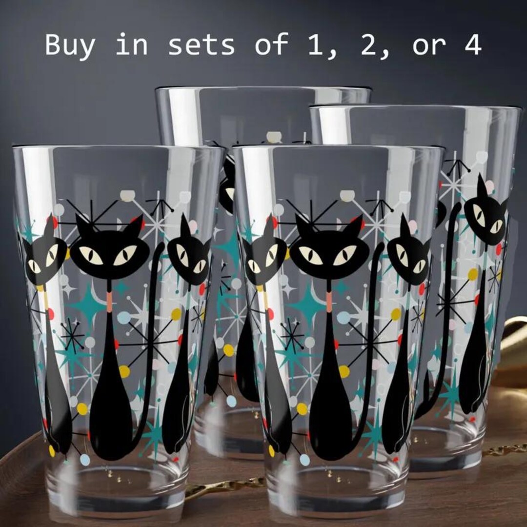 Atomic Kitschy Black Cat Pint Glass, 16oz Mid Century Modern Retro Beer ...