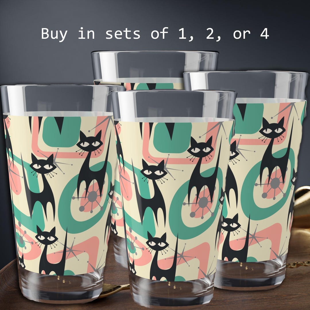 Atomic Cat Drinking Glasses, Mid Century Modern Pint Glass, MCM Cat ...