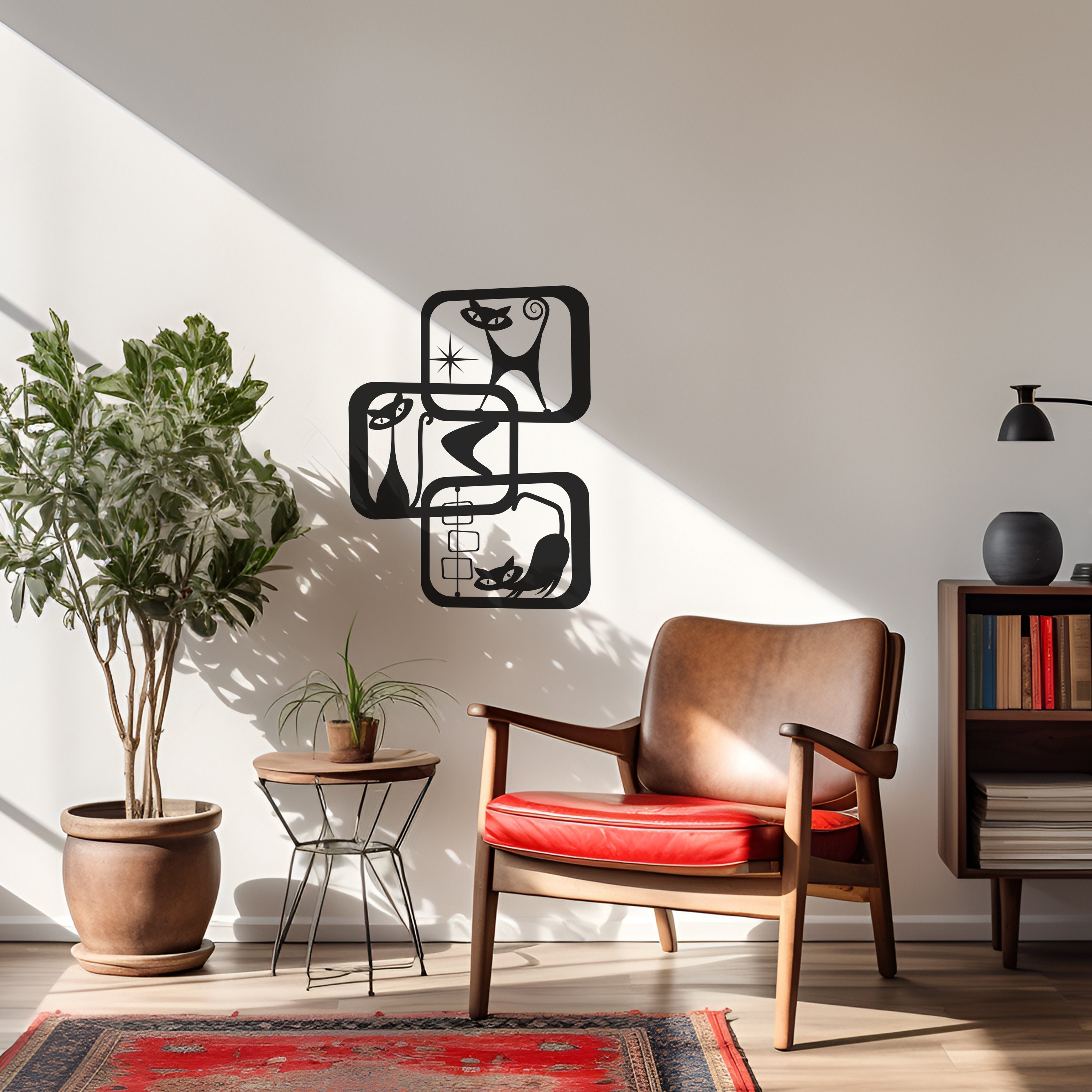 Atomic Cat Mid Century Modern Metal Wall Art, MCM Geometric Retro Metal ...