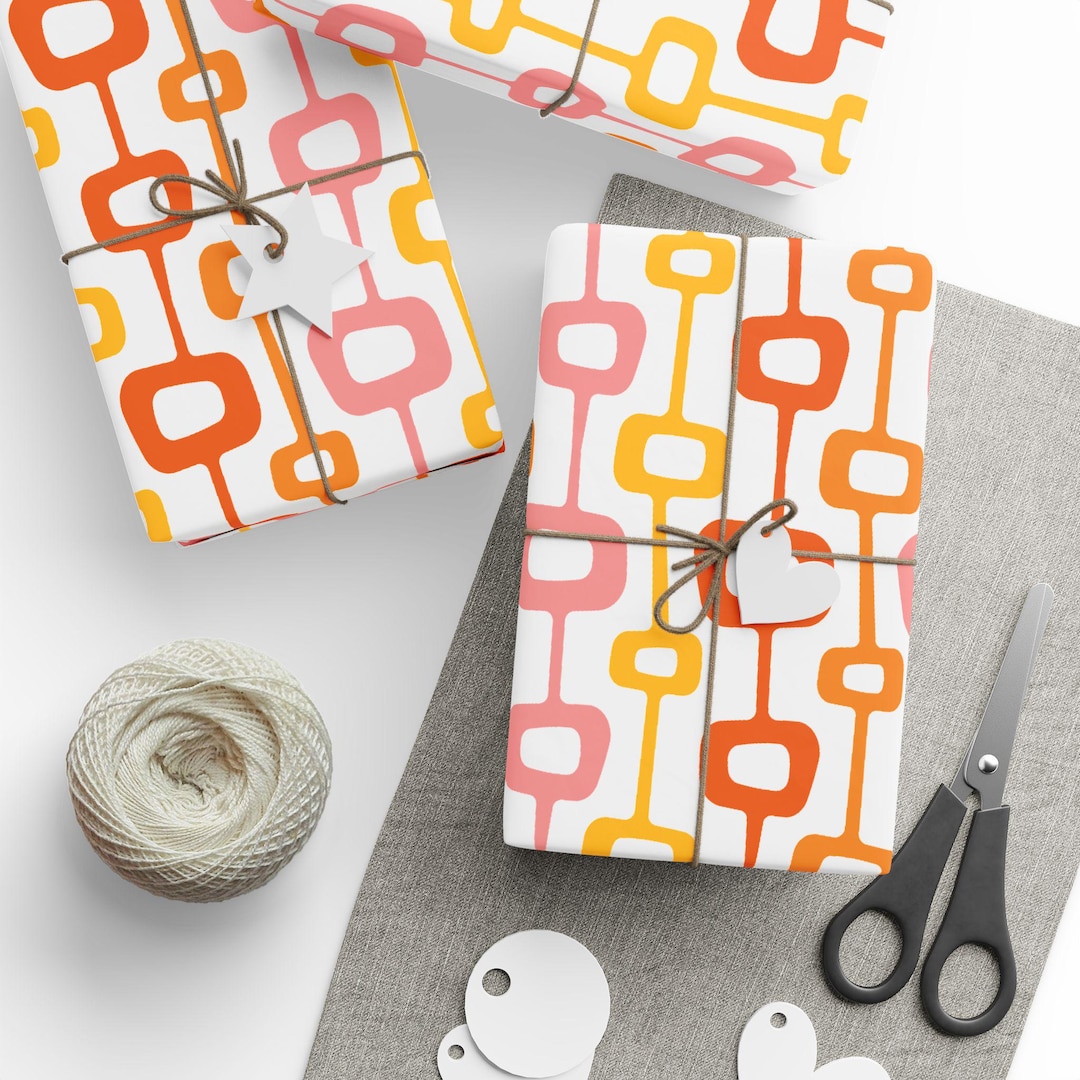 Mid Century Modern Red Retro Wrapping Paper Atomic Orange Pink Gift ...