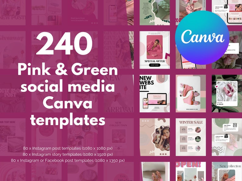 240 Canva Editable Social Media Templates Pink and Green | Aesthetic ...