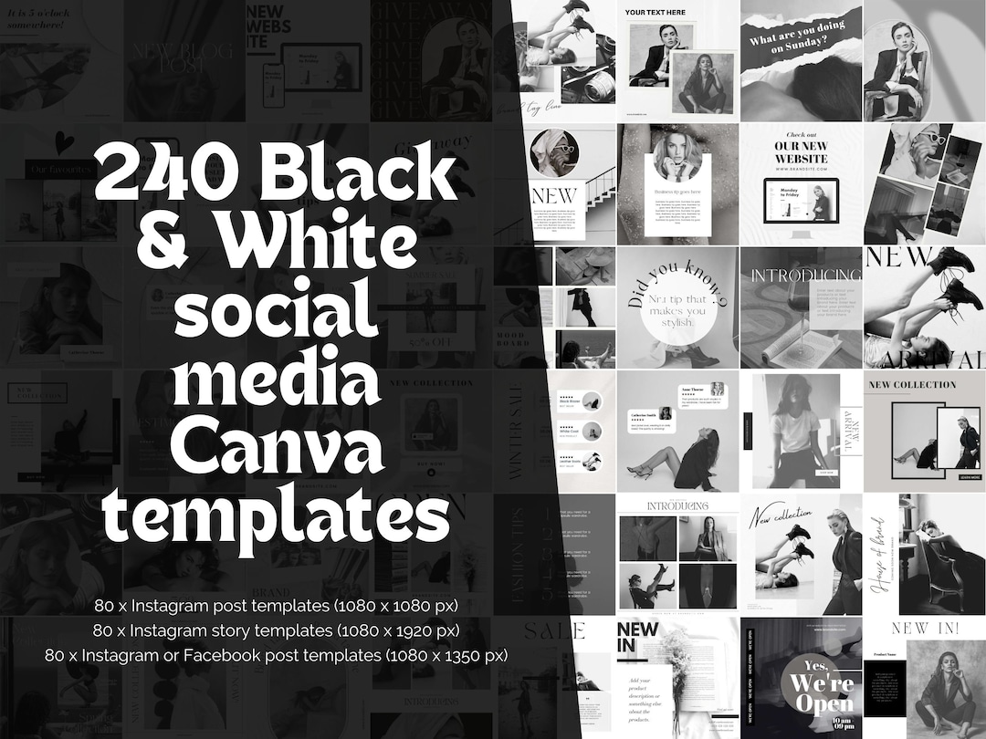240 Canva Editable Social Media Templates Black and White for Instagram ...