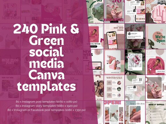 240 Canva Editable Social Media Templates Pink and Green - Etsy
