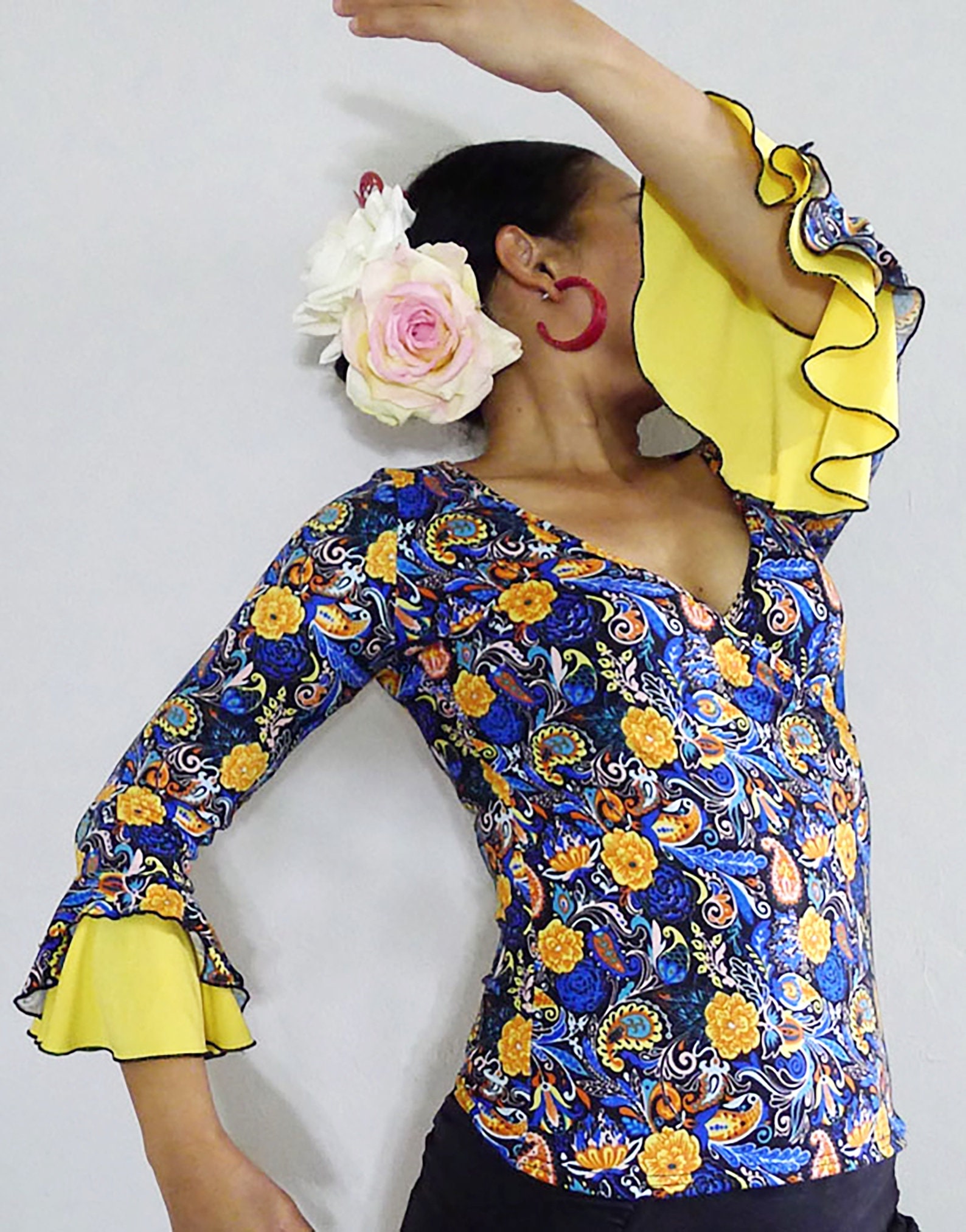 Floral Multi Colors Overlap Flamenco Dance Top, Spanish Blouse, Ruffles ...