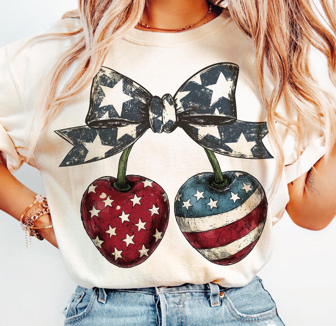 4th of July Cherry Png, Trendy 4th of July Png, Red and Blue Bow, 4th ...
