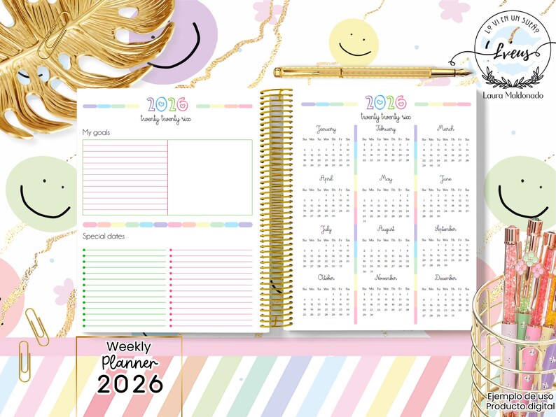 Printable 2026 Weekly Planner in English – Colorful Agenda Template ...
