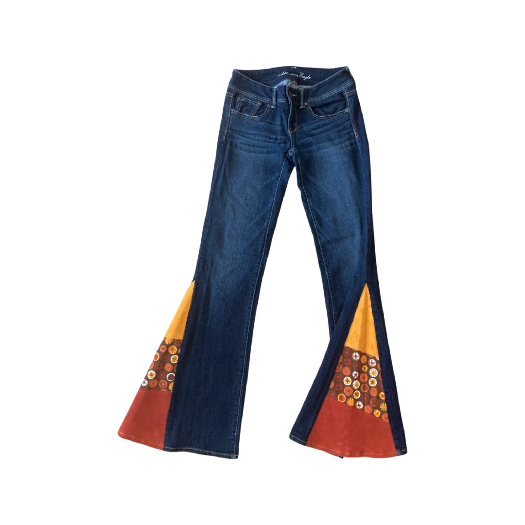 Womens Upcycled Bell Bottom Jeans With Retro Print and Corduroy, Size ...