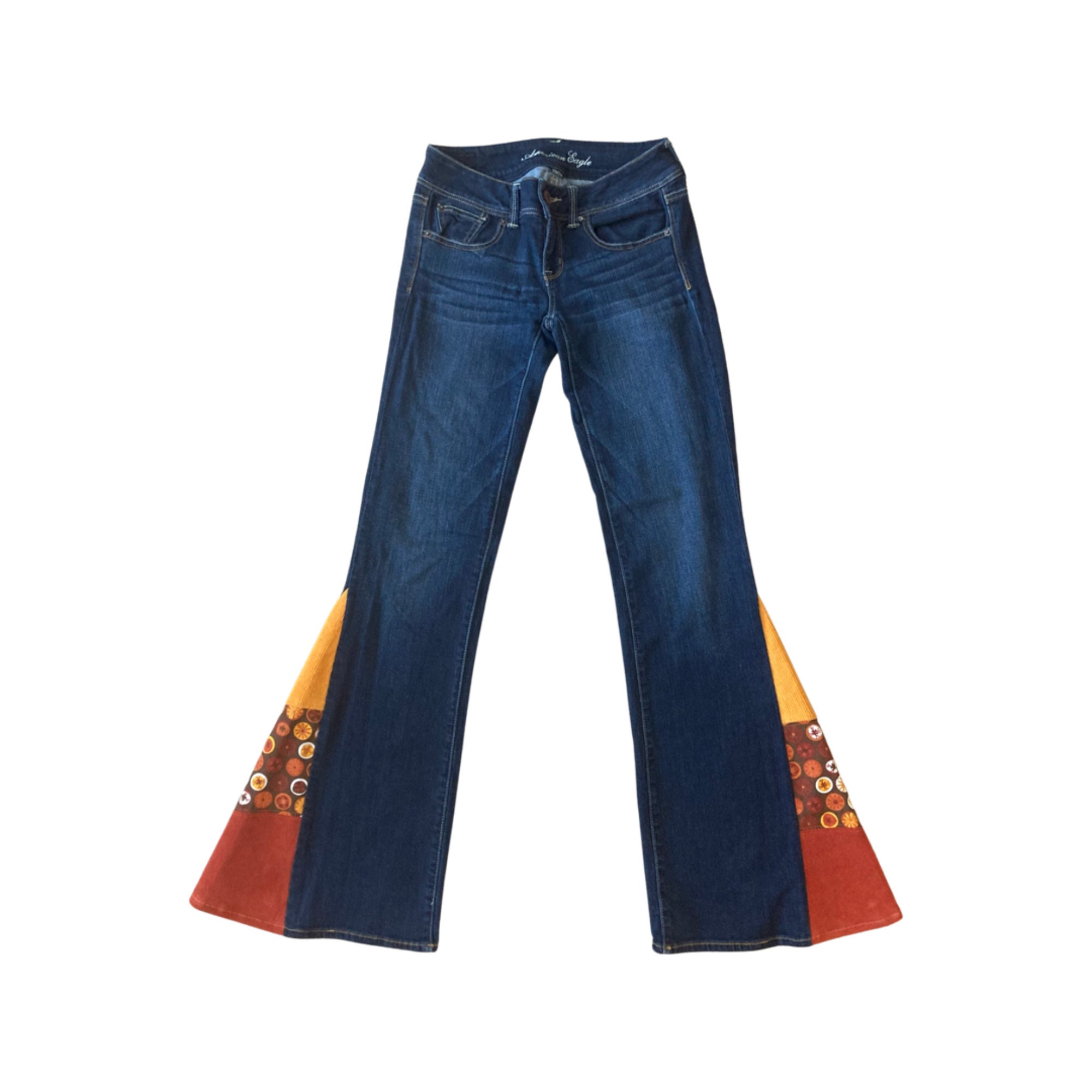 Womens Upcycled Bell Bottom Jeans With Retro Print and Corduroy, Size ...