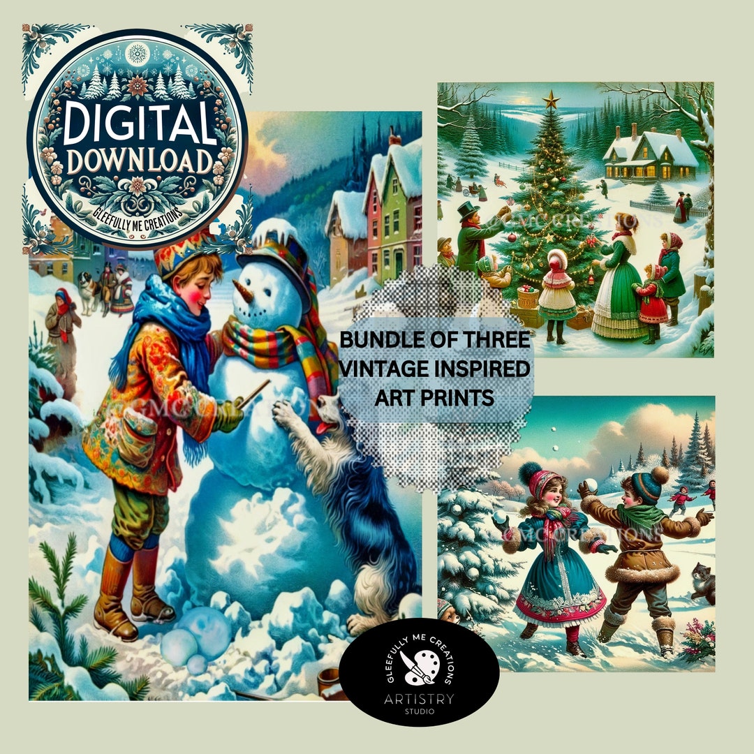 Vintage Style Winter Joy Lithograph Bundle, Three Winter Scenes Circa ...