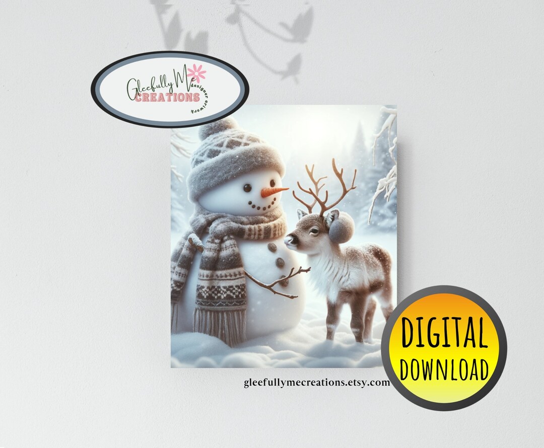 Charming Snowman & Deer Winter Scene Digital Download, High-quality ...