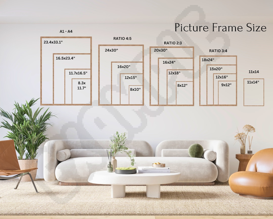 Home Living Room Wall Art Size Guide Frame Sizing Mockup Poster Size ...