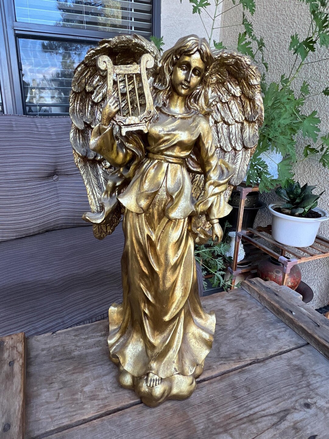 Gold Finished Angel Statue Holding a Harp - Etsy