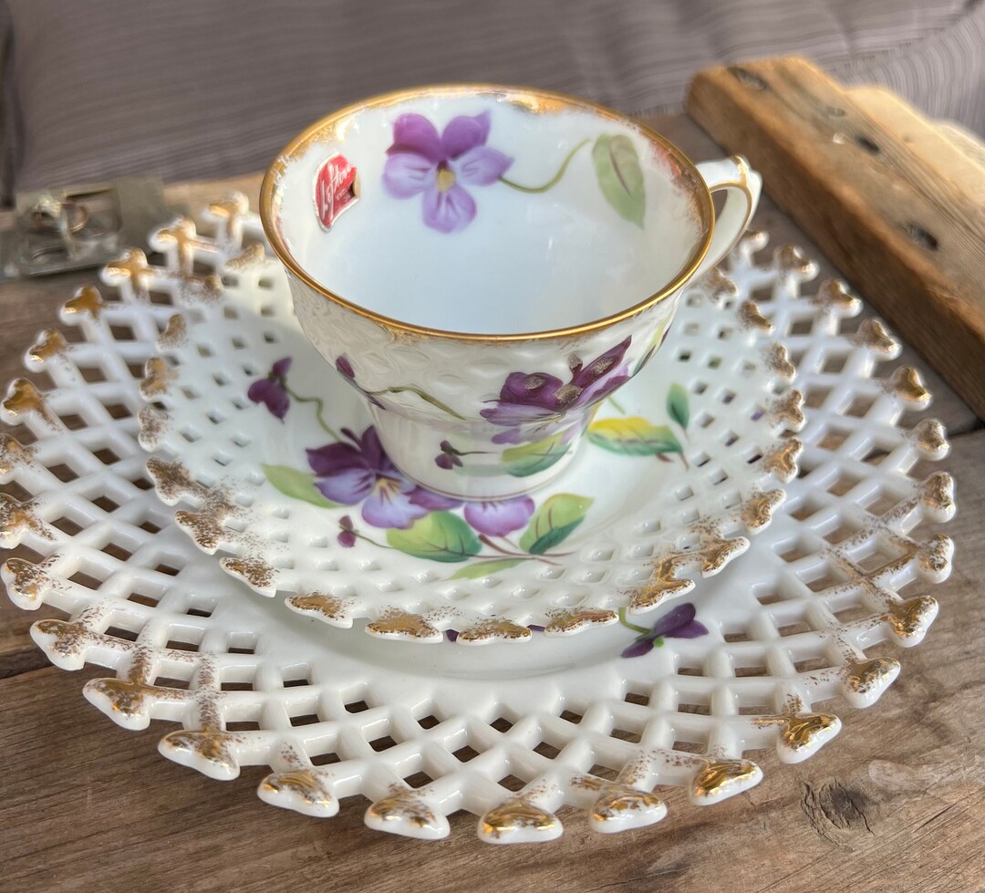 Lefton Purple Violet Tea Cup & Saucer With Dessert Plate - Etsy