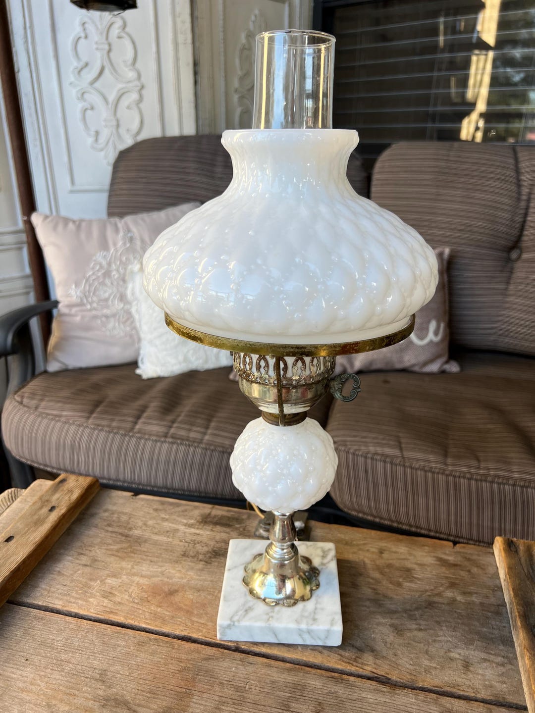 Antique Quilted Milk Glass Parlor Table Lamp With Marble Base. - Etsy