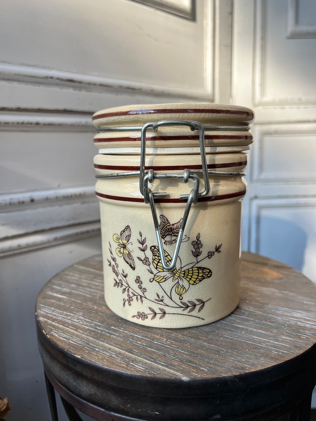Vintage Butterfly Stoneware Crock Rubber Seal & Wire Bail Hinged ...