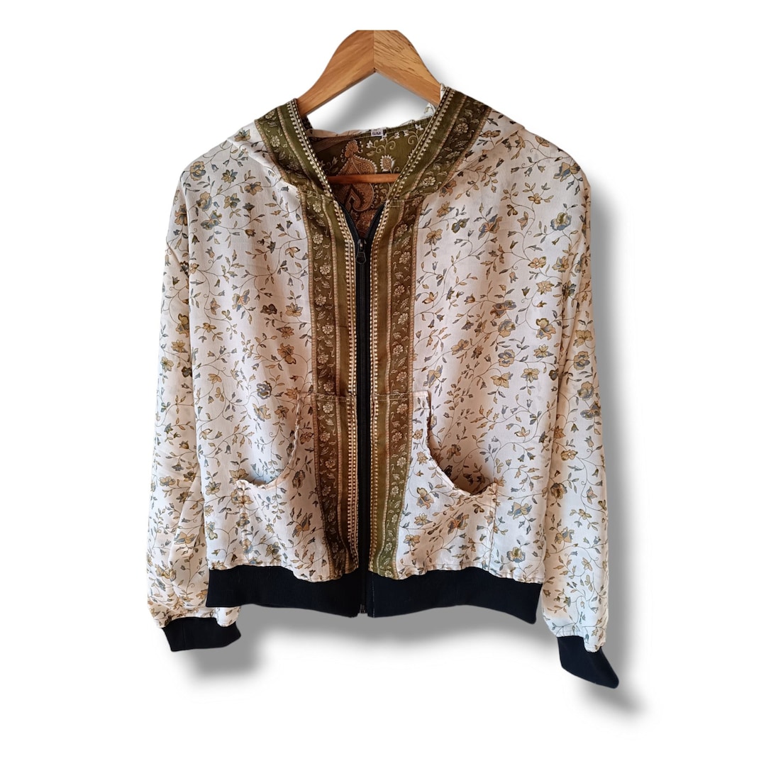 Recycled Sari Bomber Jacket. Hippie Style. Old Saree Jacket. Hooded ...