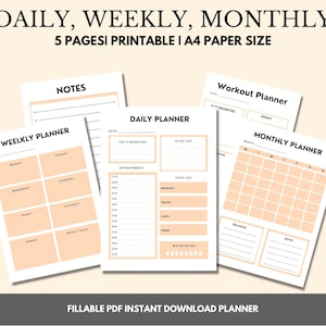 Printable Daily Weekly Monthly Planner, Digital Workout Daily Schedule ...