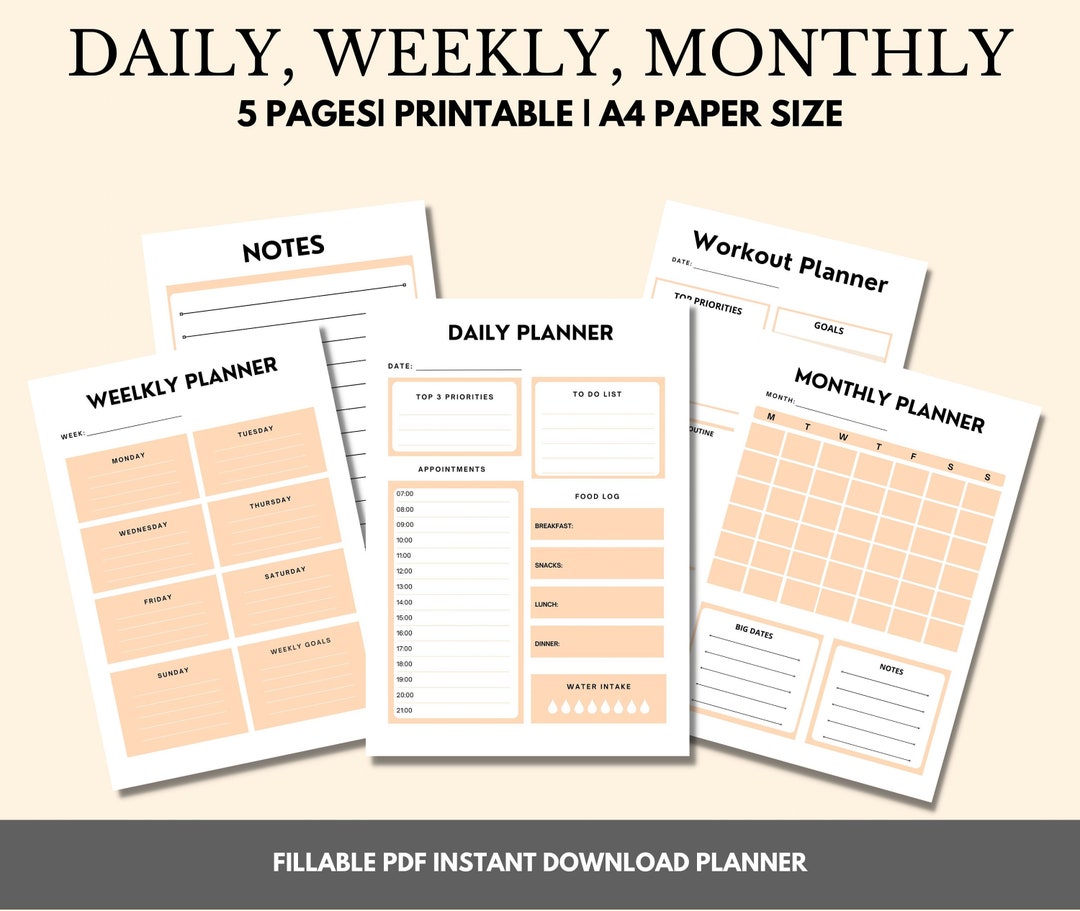 Printable Daily Weekly Monthly Planner, Digital Workout Daily Schedule ...