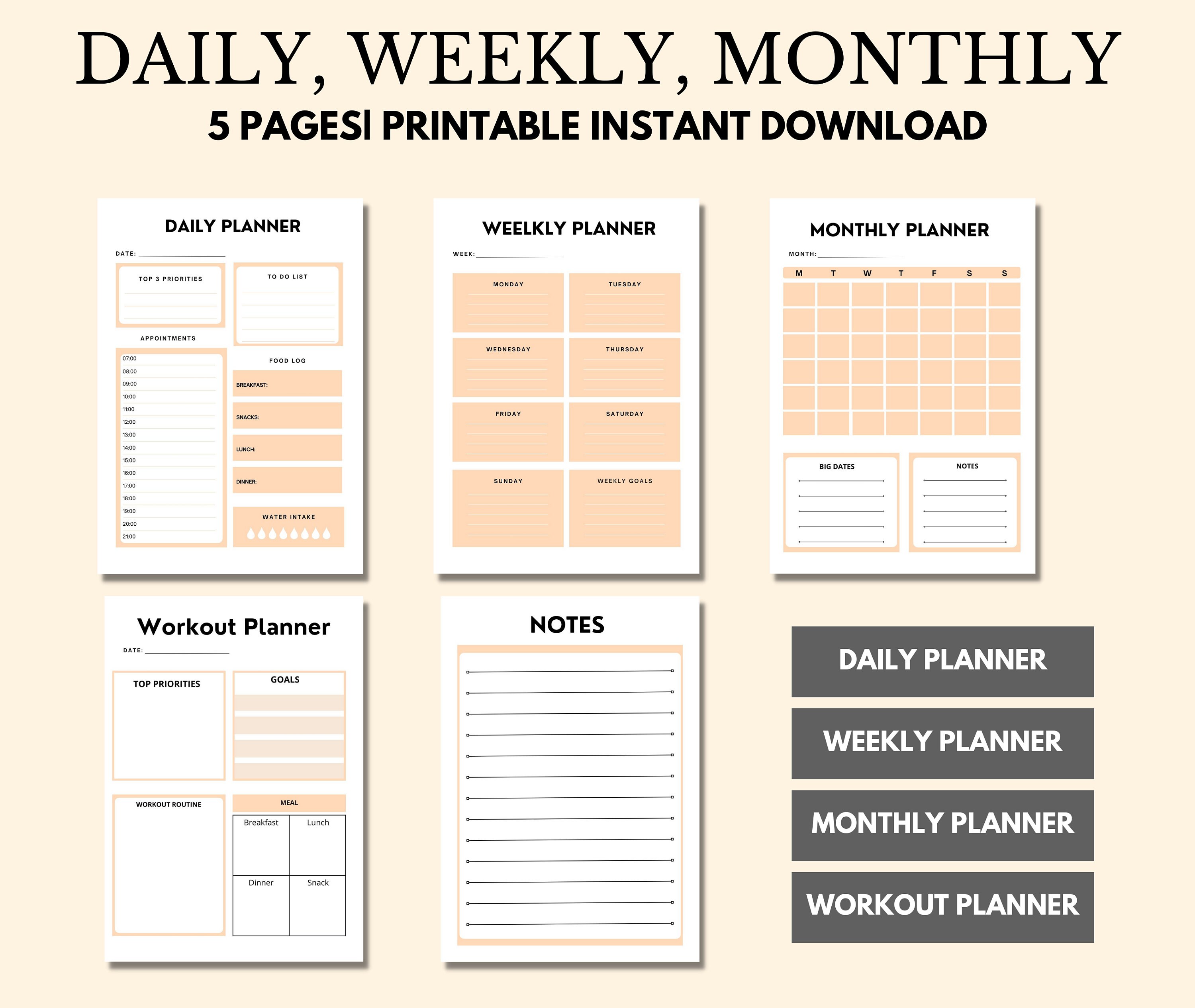Printable Daily Weekly Monthly Planner, Digital Workout Daily Schedule ...