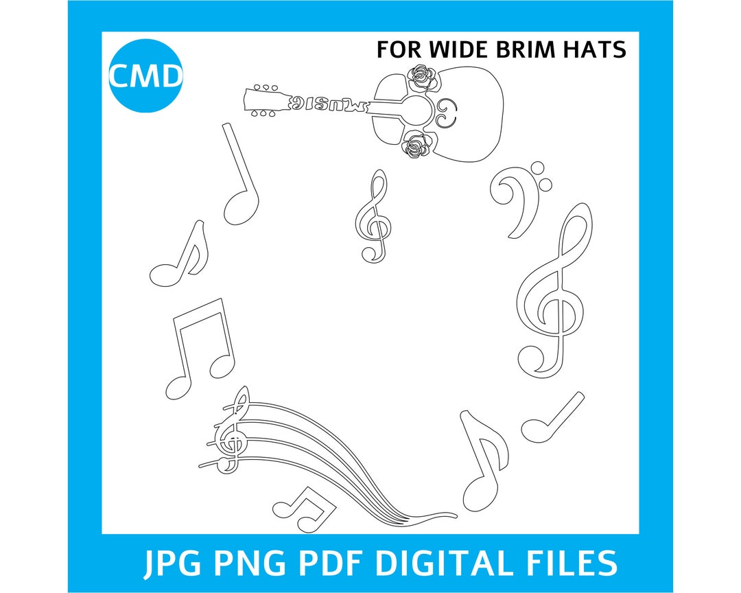 Traceable Guitar Music Hat Burning Design, Wide Brim Hats, Musical ...