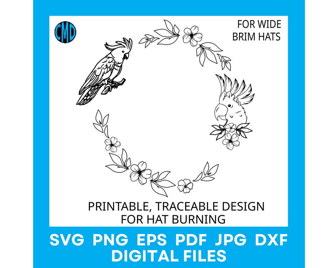 Cockatoo Hat Burning Design, Exotic Bird Floral Wreath Pattern, Parrots ...