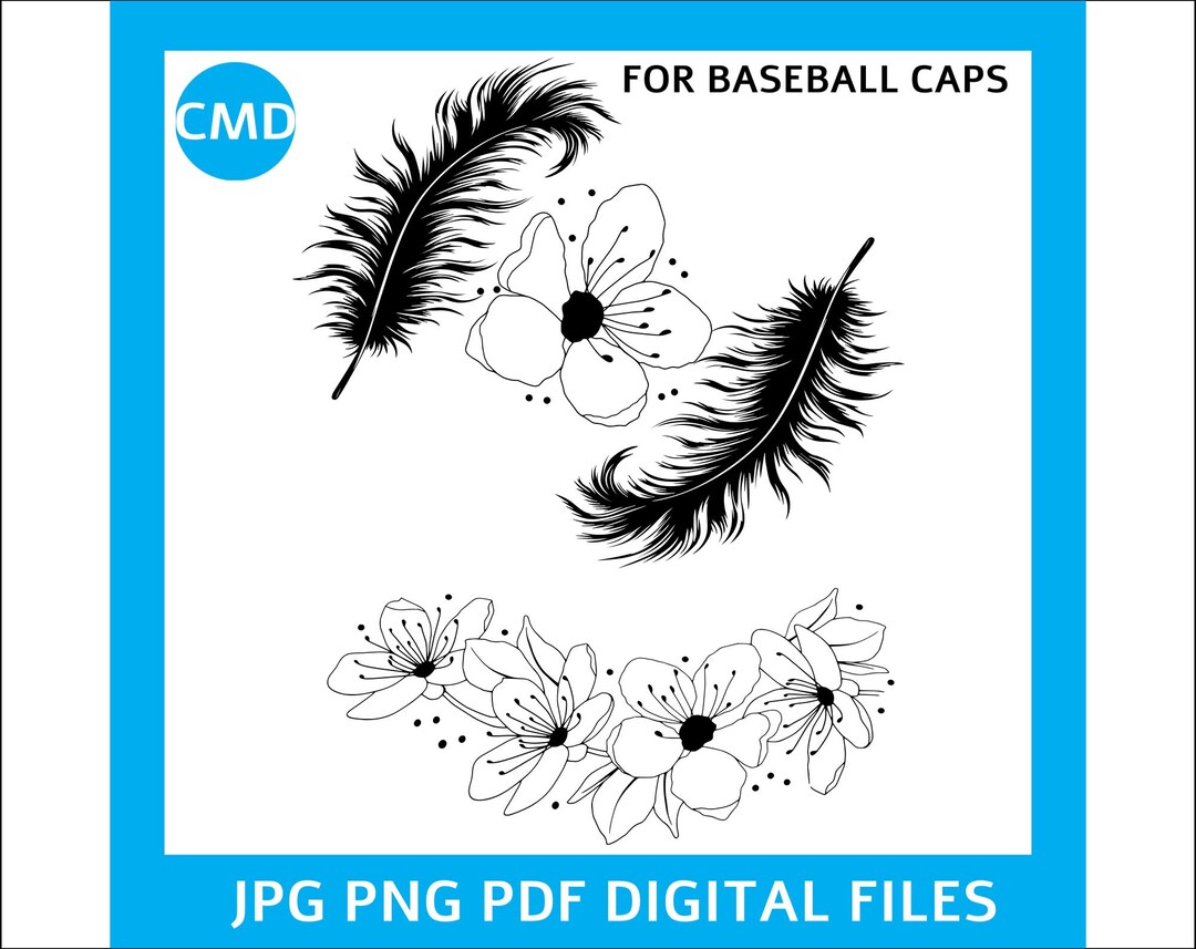 Flowery Feathers Baseball Hat, Floral Feather Pattern, for Ball Caps ...