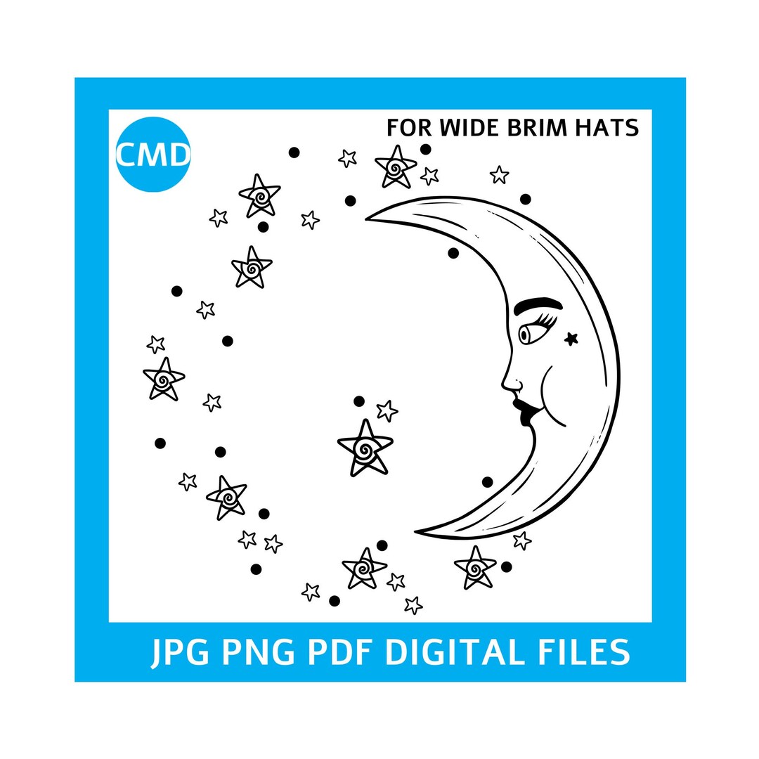 Moon Face Hat Burning Design, Stars Moon Pattern, Celestial Wide Brim ...