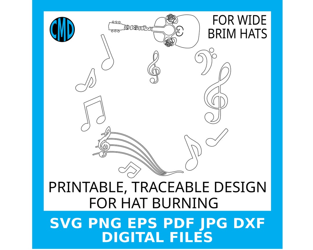 Traceable Guitar Music Hat Burning Design, Wide Brim Hats, Musical ...