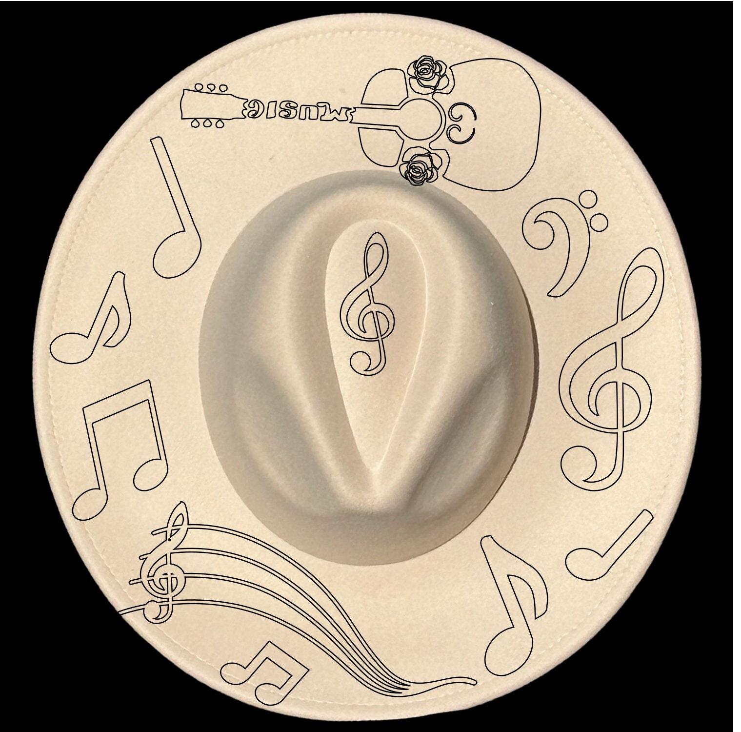 Traceable Guitar Music Hat Burning Design, Wide Brim Hats, Musical ...