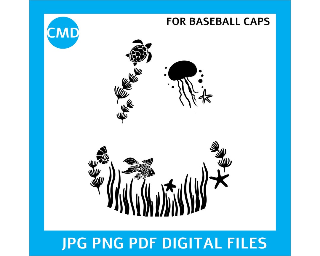 Ocean Creatures Baseball Hat Burning Design, Underwater Pattern, Turtle ...