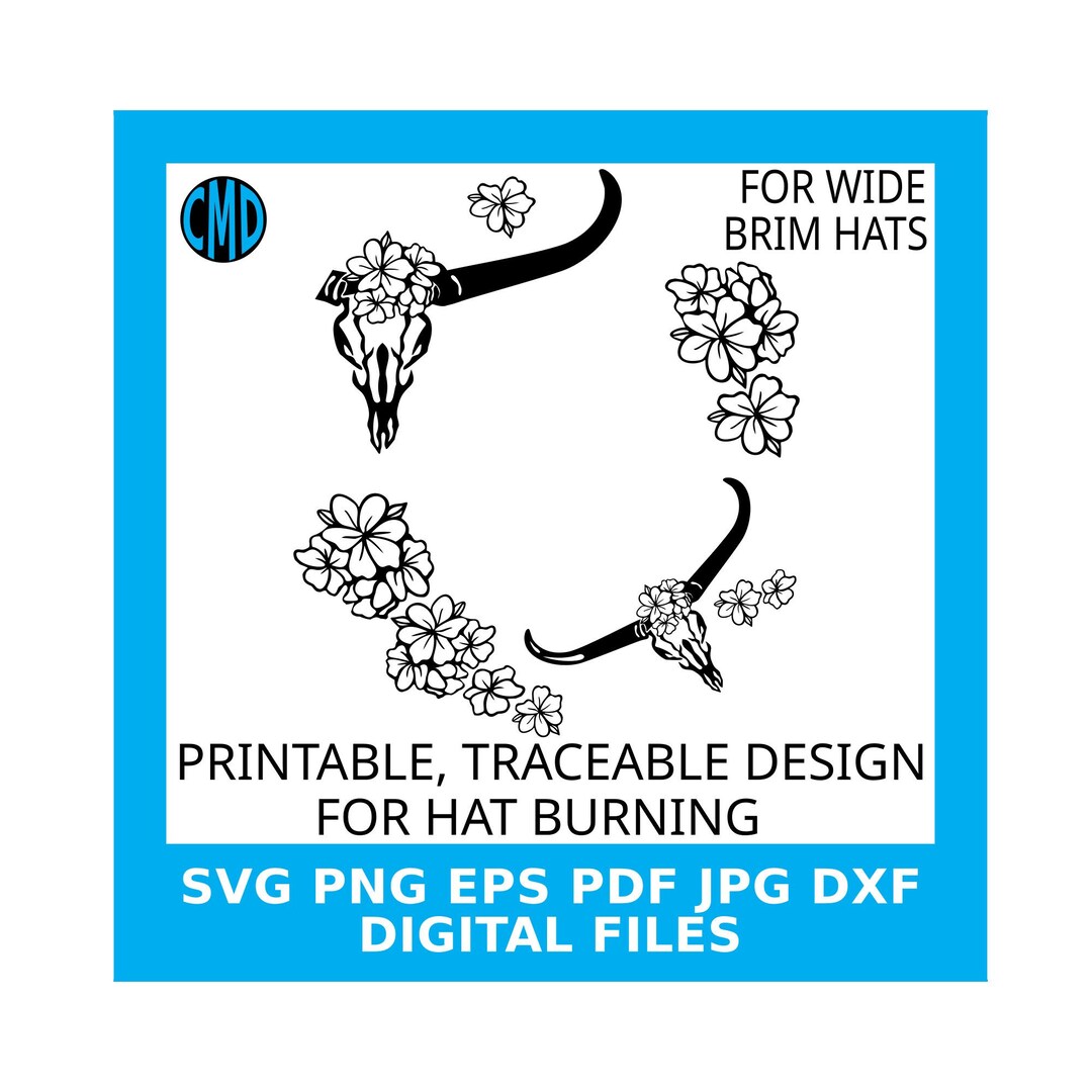 Floral Skull Hat Burning Design, Longhorn Skull Pattern, Traceable ...