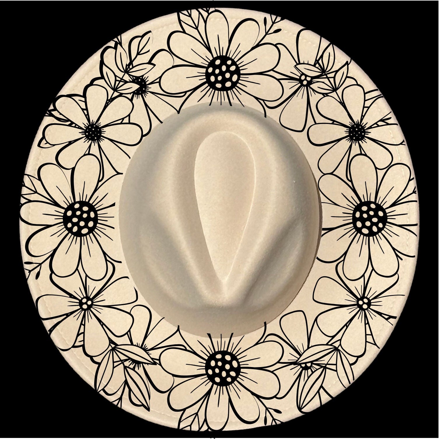 Daisy Wreath Hat Burning Design, WIDE Brim Hats, Floral Hand-drawn ...