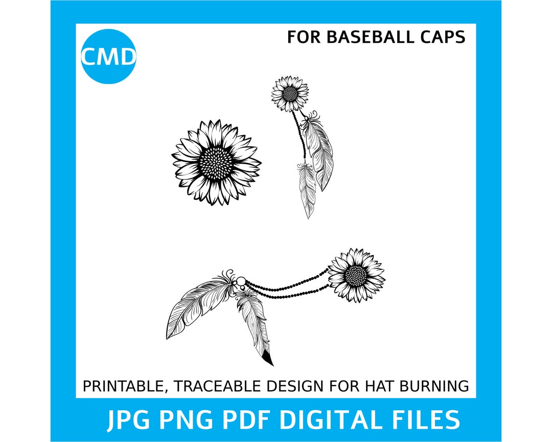 Feathers and Sunflowers Baseball Hat Burning Design, Feather Pattern ...
