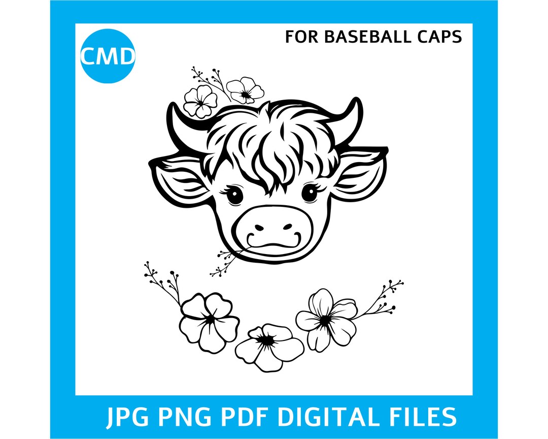 Highland Cow Baseball Hat Burning Design, Cute Cow Face With Flowers ...