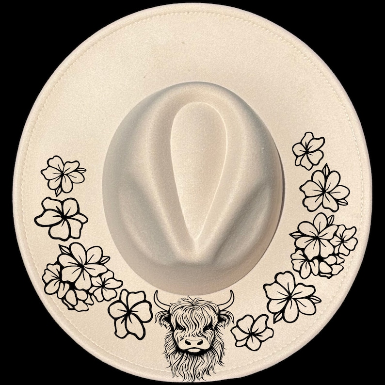 Highland Cow Hat Burning Design, Floral Pattern, Wide Brim Hats, Cute ...