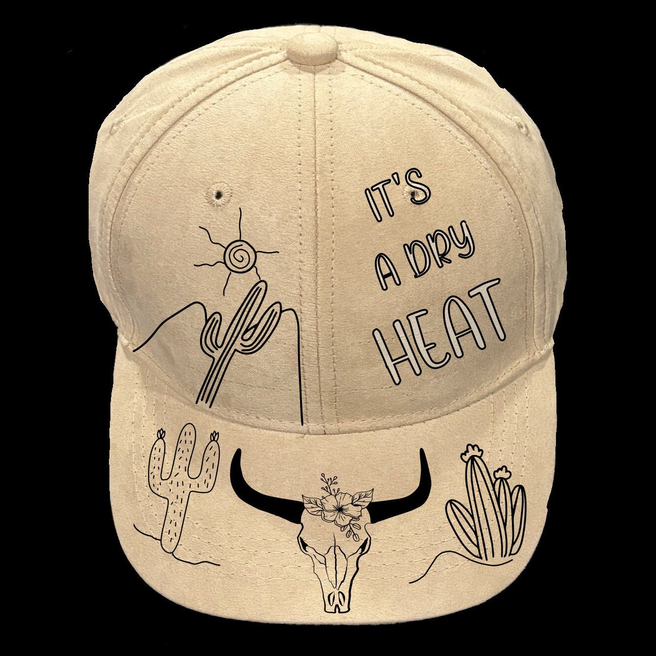 It's A Dry Heat Baseball Hat Burning Design, Desert Sun Cactus Pattern ...