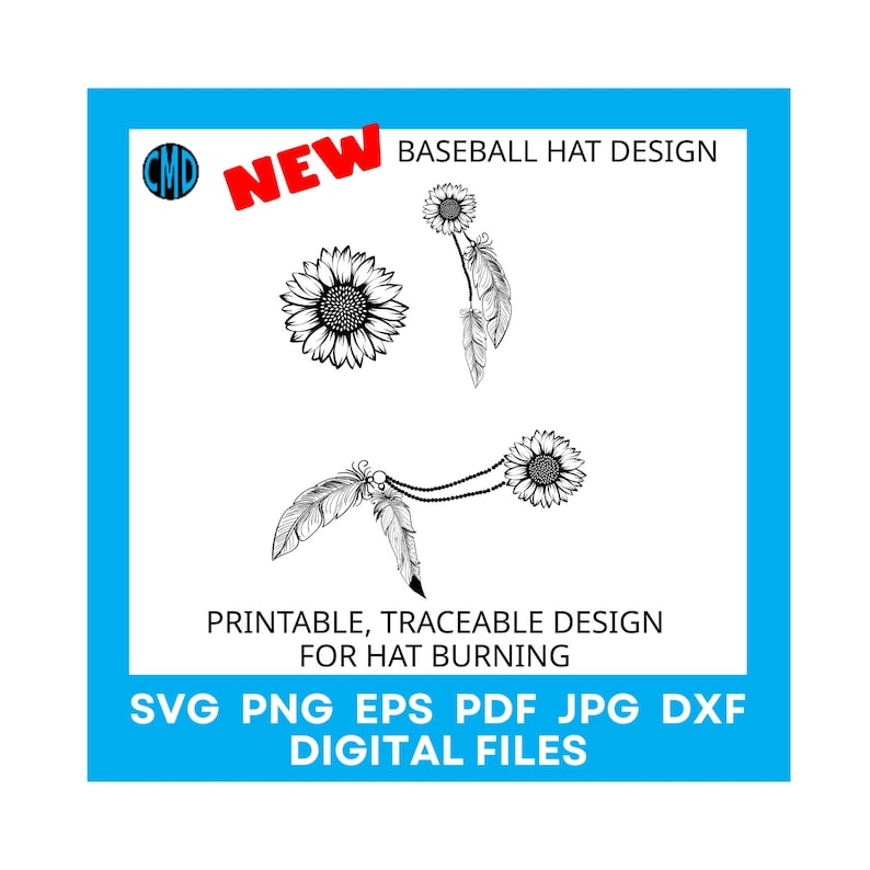 Feathers and Sunflowers Baseball Hat Burning Design, Feather Pattern ...