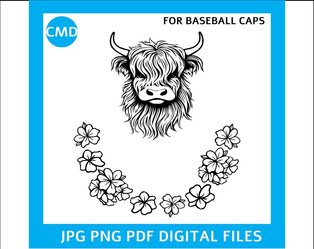 Cute Highland Cow Baseball Hat, Ball Cap, Cow and Flower Pattern, DIY ...
