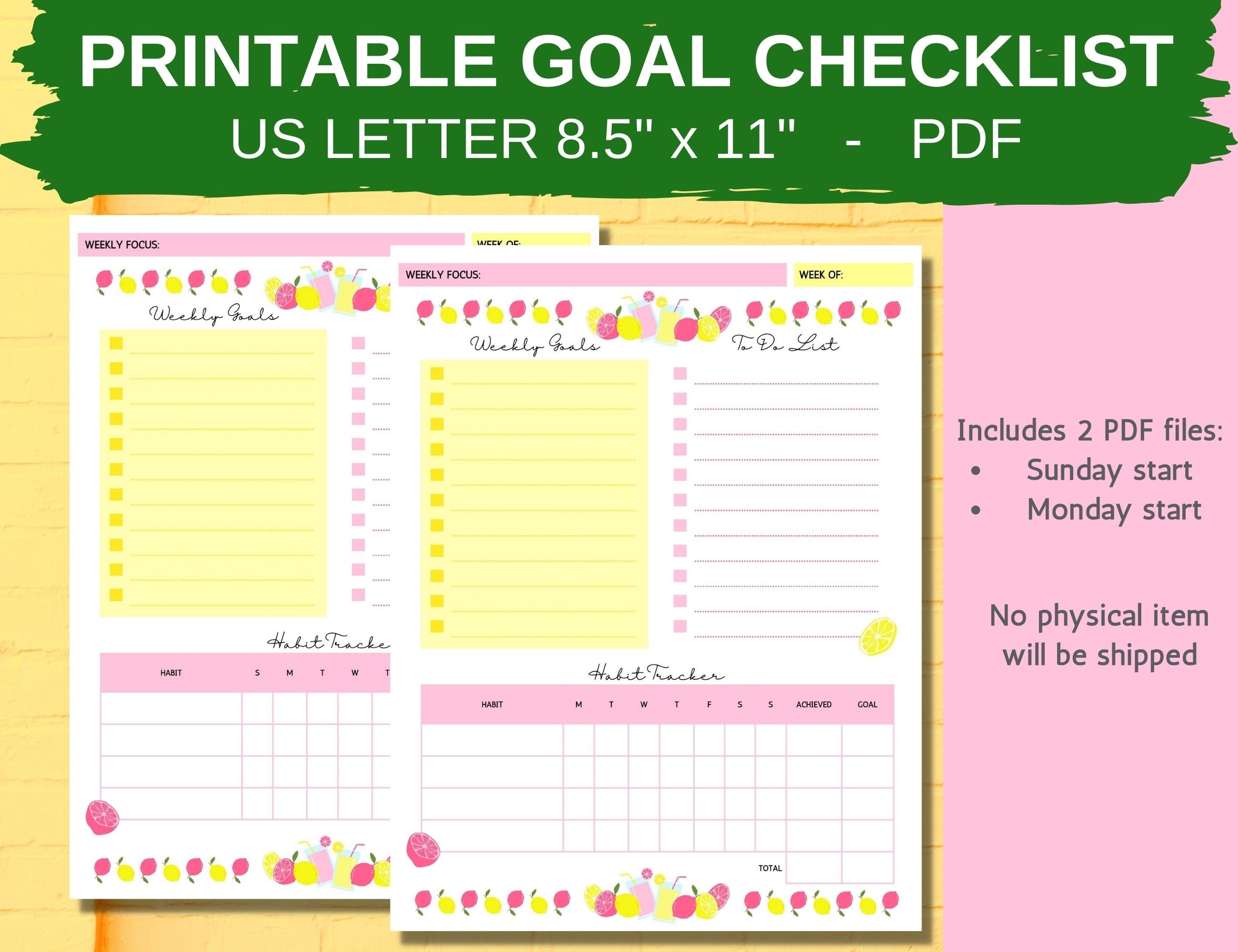 Weekly Goal Planner Printable, to Do List Template, Goal Checklist ...