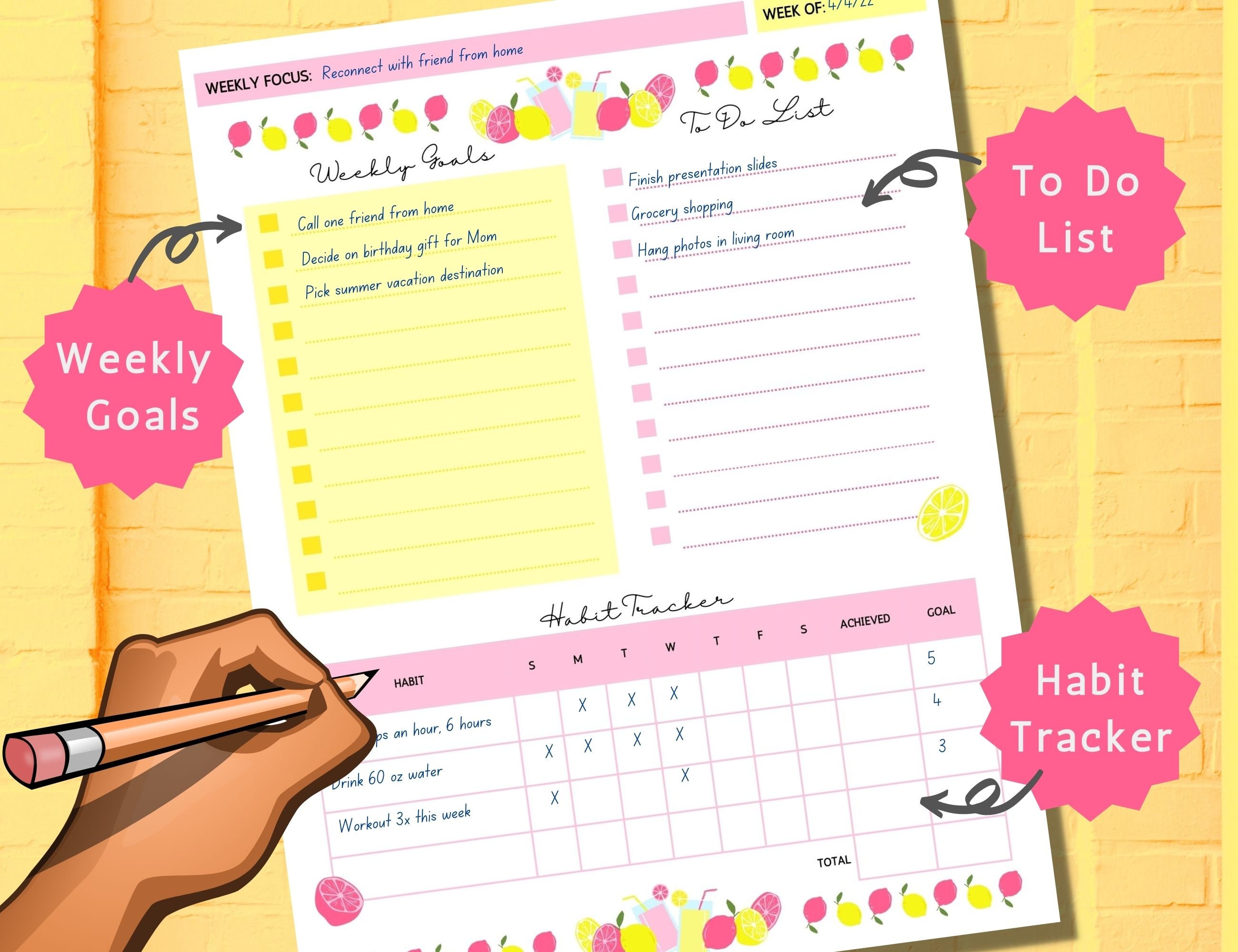 Weekly Goal Planner Printable, to Do List Template, Goal Checklist ...