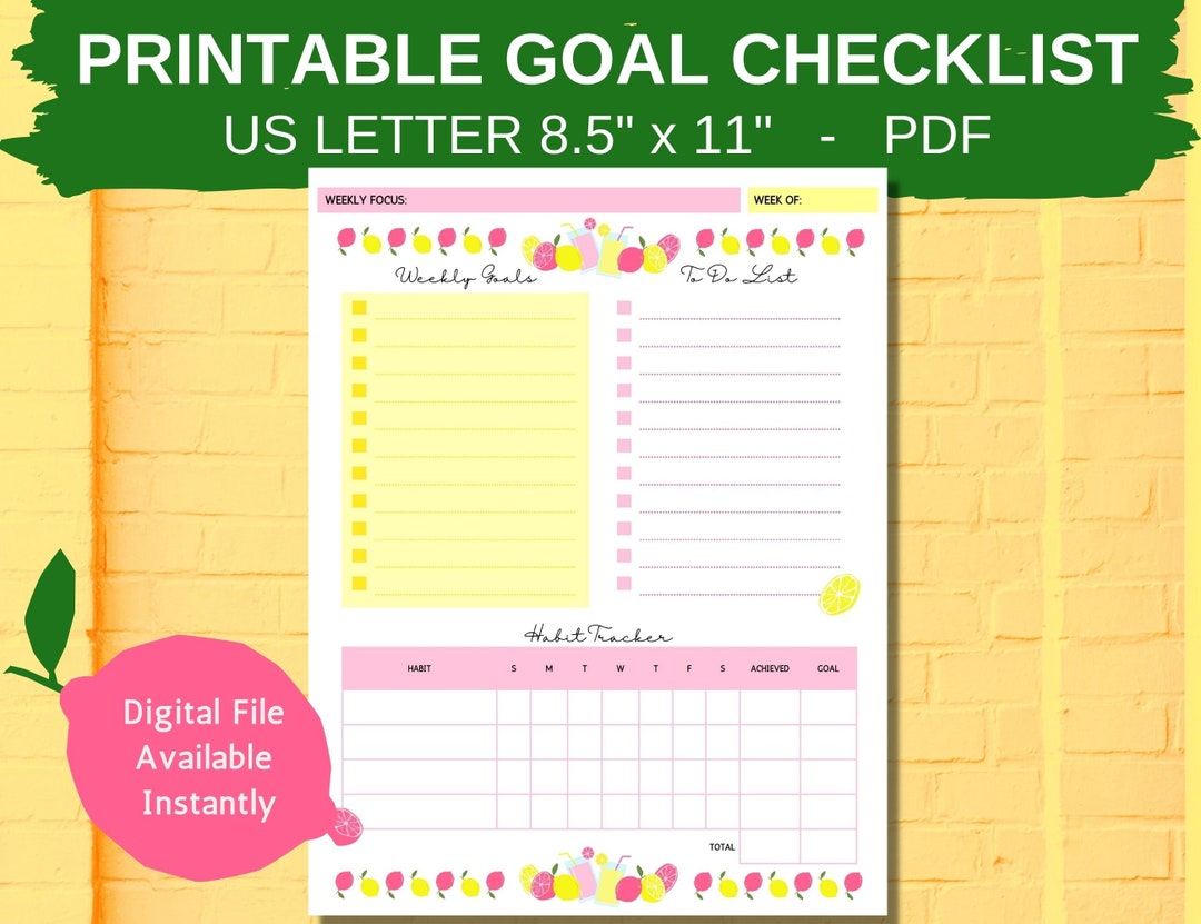 Weekly Goal Planner Printable, to Do List Template, Goal Checklist ...