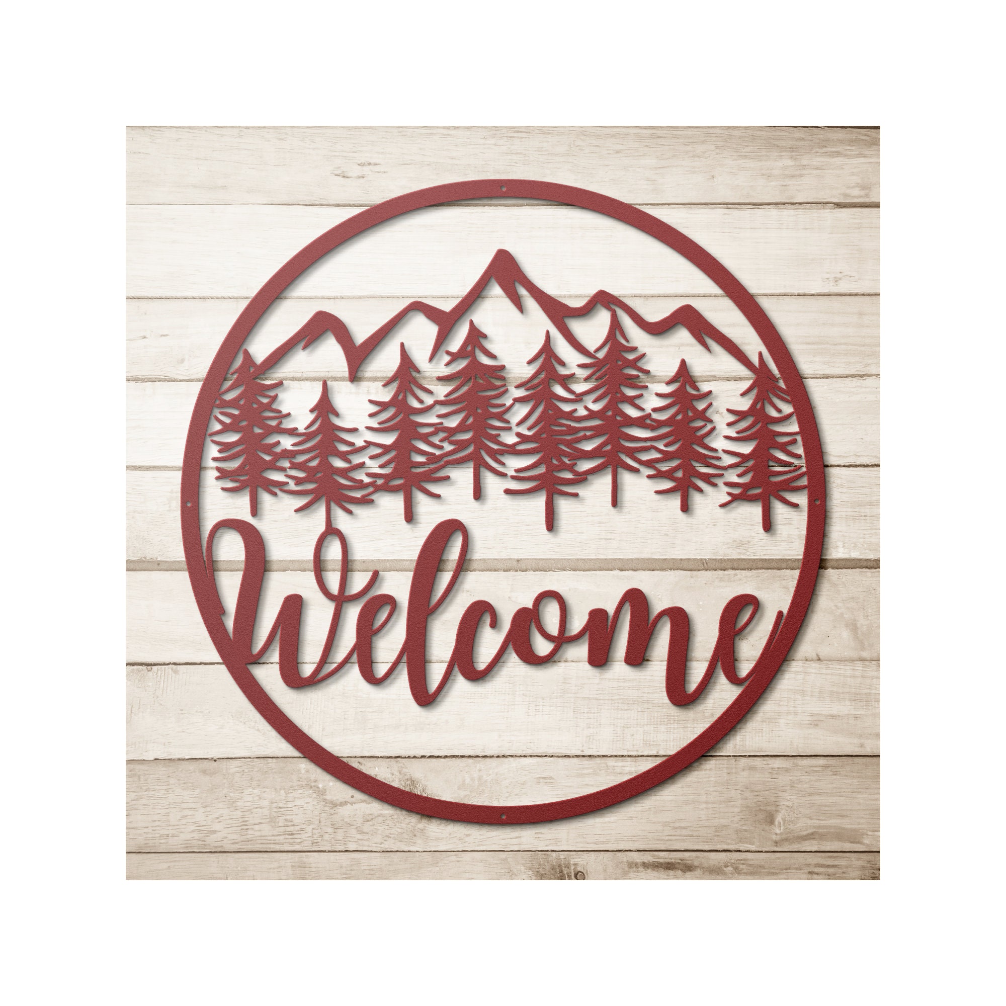 Nature-inspired Welcome Sign Trees, Mountains, and Circle Frame Rustic ...