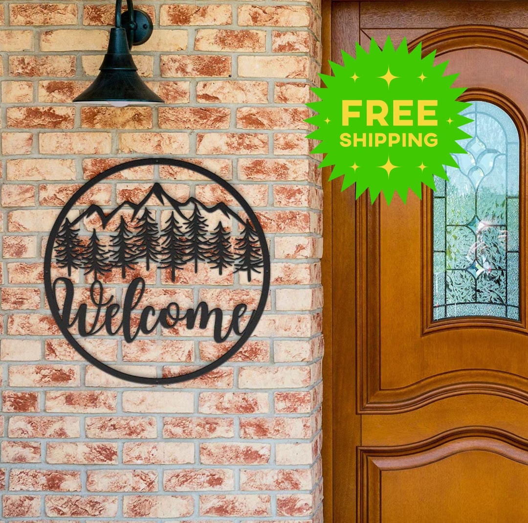 Nature-inspired Welcome Sign - Trees, Mountains, and Circle Frame ...