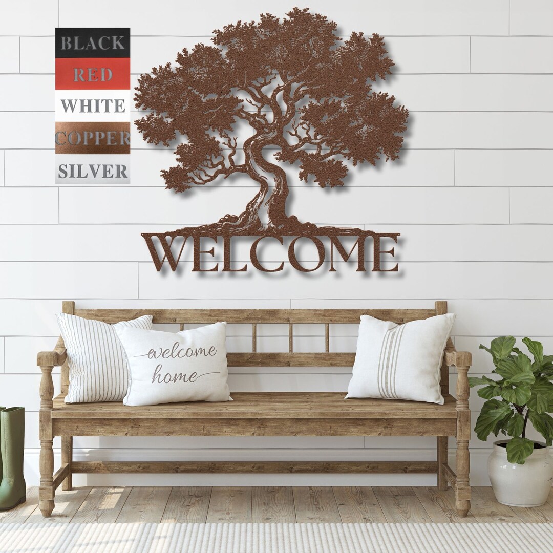 Rustic Metal Welcome Sign, Metal Oak Welcome, Tree Wall Art, Outdoor ...