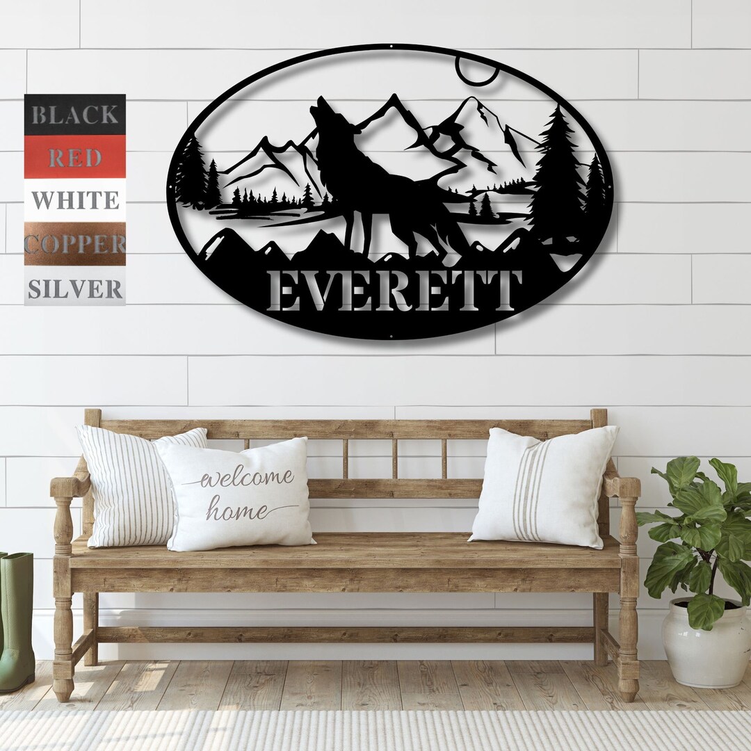Personalized Oval Wolf Metal Cabin Sign, Outdoor Mountain Decor, Wolf ...