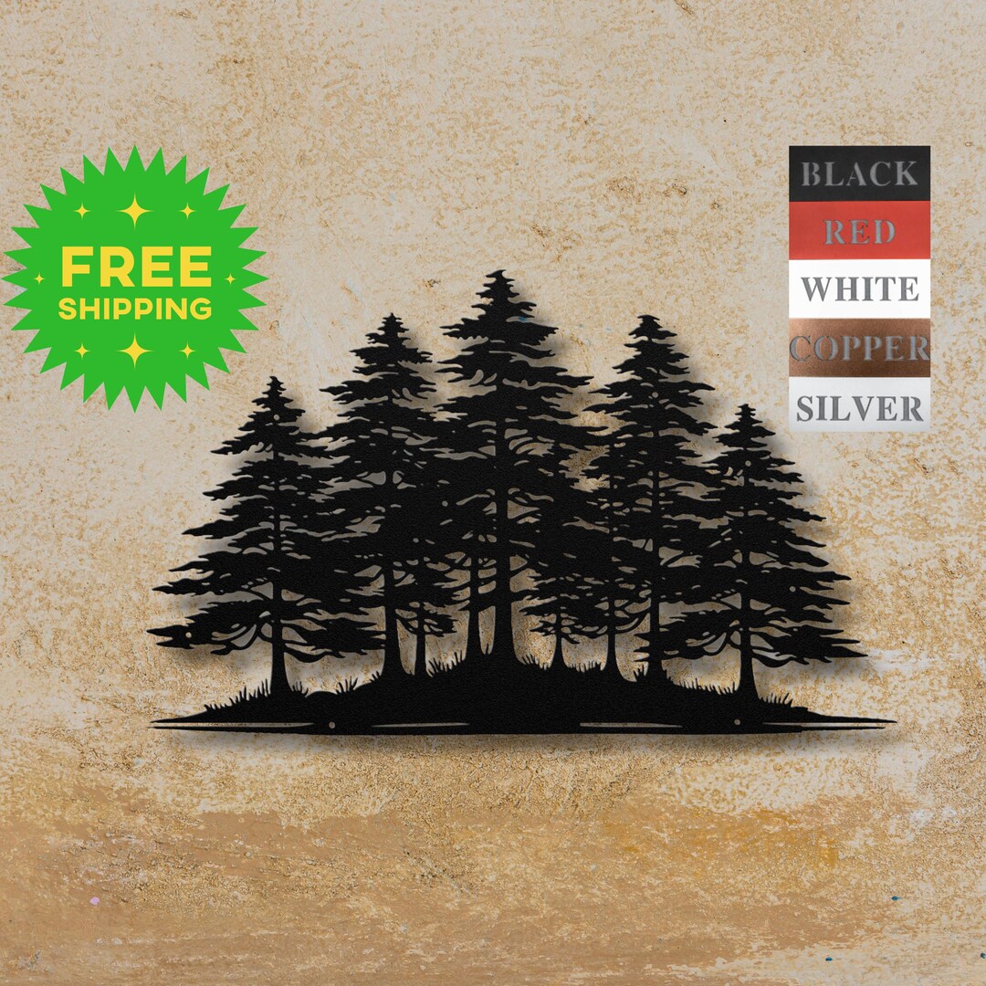 Wide Metal Cedar Tree Silhouette Wall Decor, Evergreen Wall Art, Metal ...