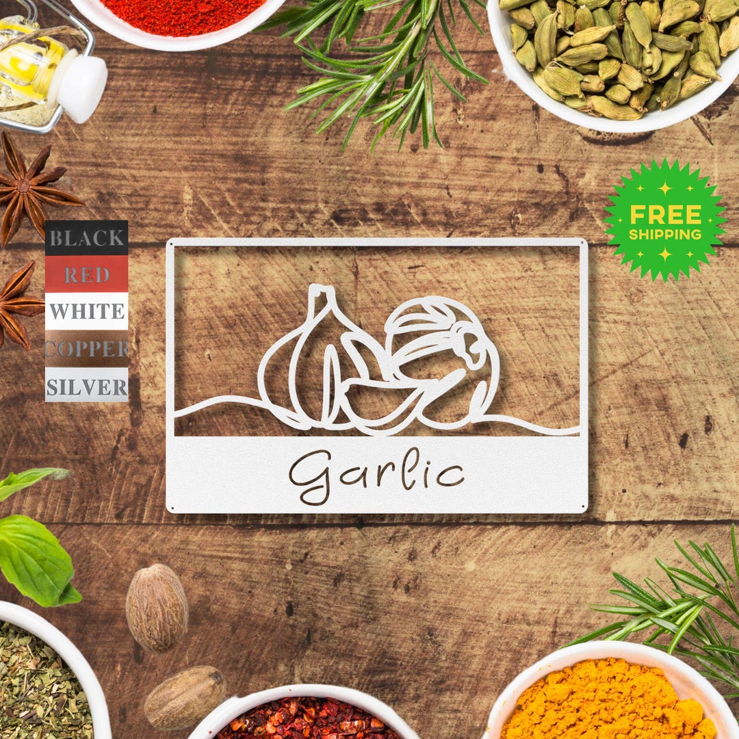 Metal Garlic Wall Art With Text | Kitchen Herb Sign | Labelled Garlic ...