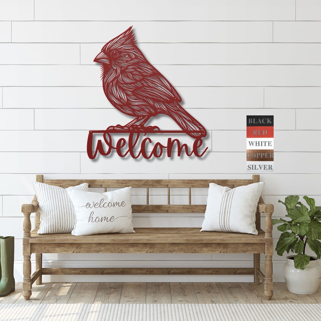Metal Cardinal Welcome Sign, Bird Porch Decor, Cardinal Wall Art, Bird ...