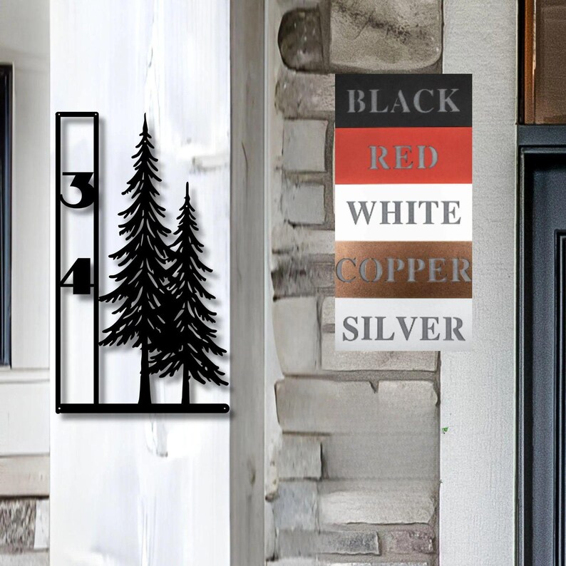 Vertical House Number Sign | Metal Address Plaque With Pine Trees ...