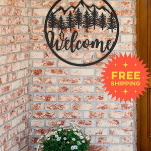 Nature-inspired Welcome Sign - Trees, Mountains, and Circle Frame ...